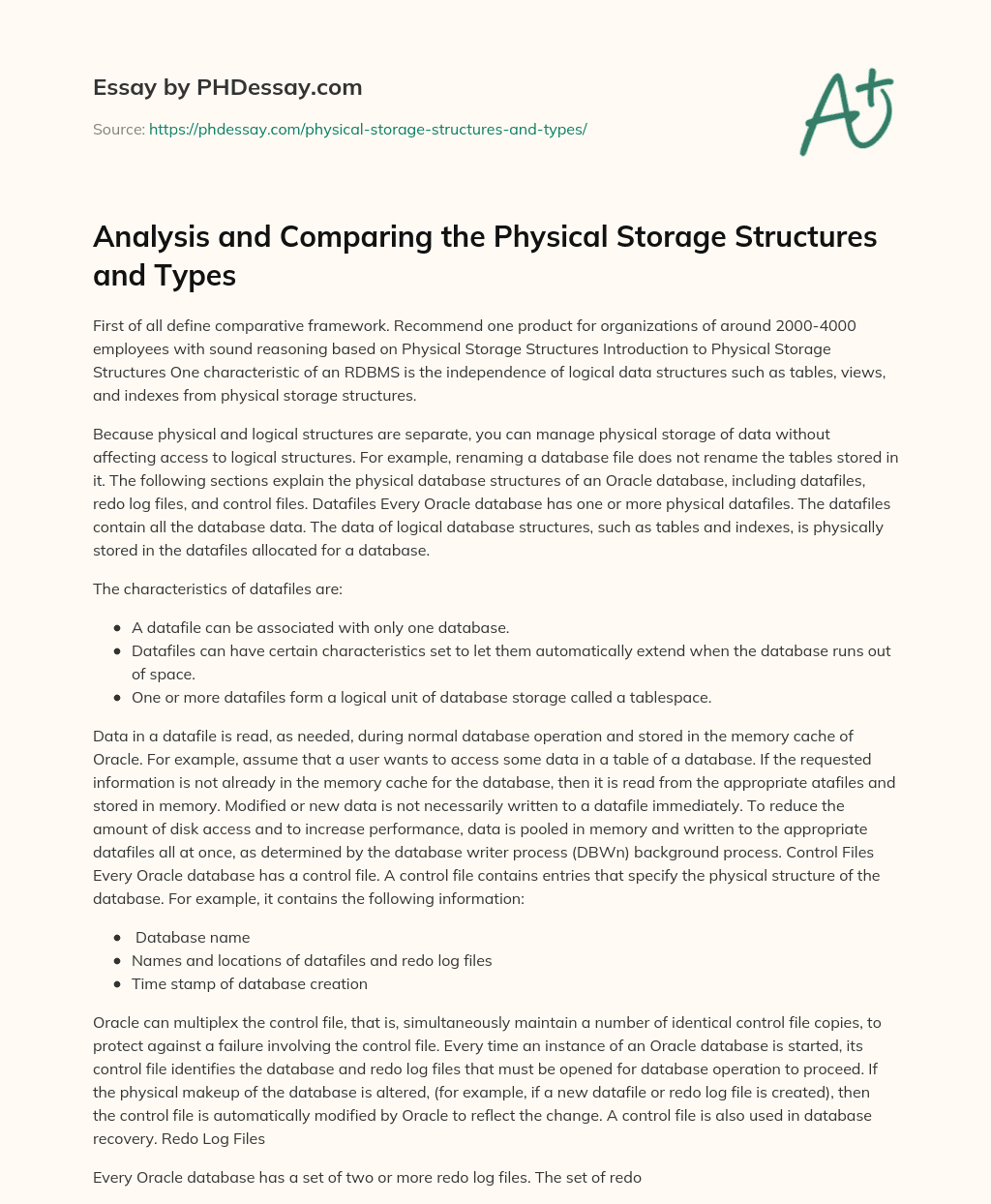 Analysis and Comparing the Physical Storage Structures and Types ...