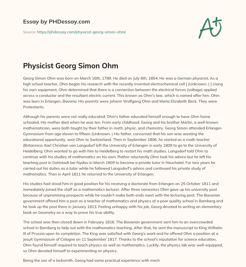 Physicist Georg Simon Ohm - PHDessay.com