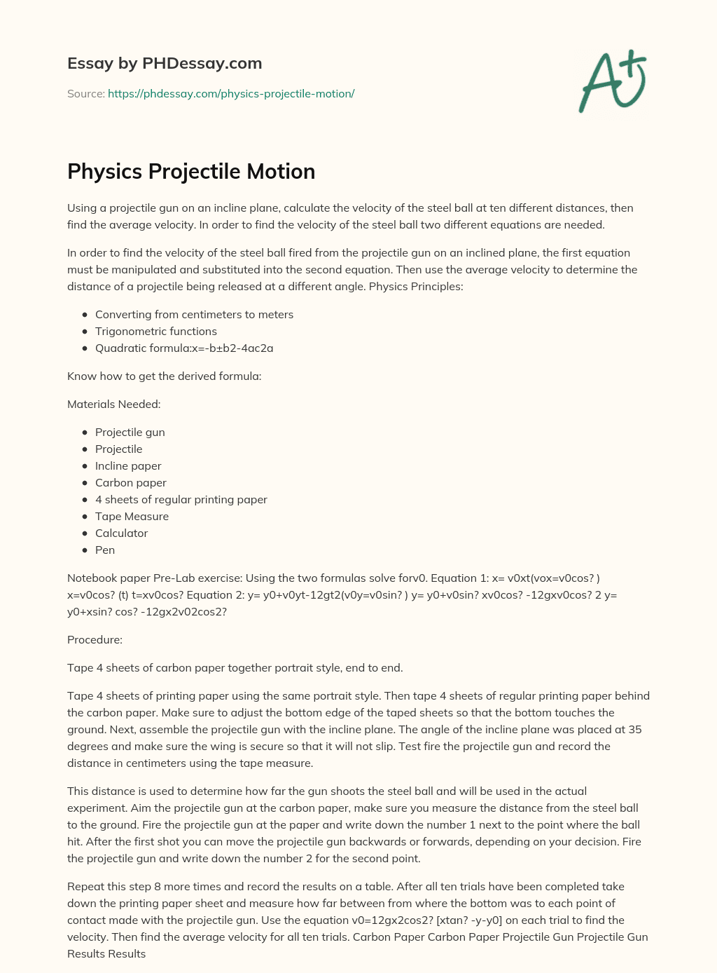 Physics Projectile Motion (400 Words) - PHDessay.com