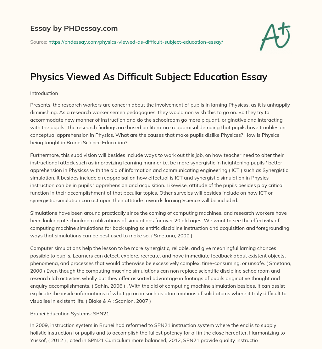 Physics Viewed As Difficult Subject: Education Essay - PHDessay.com