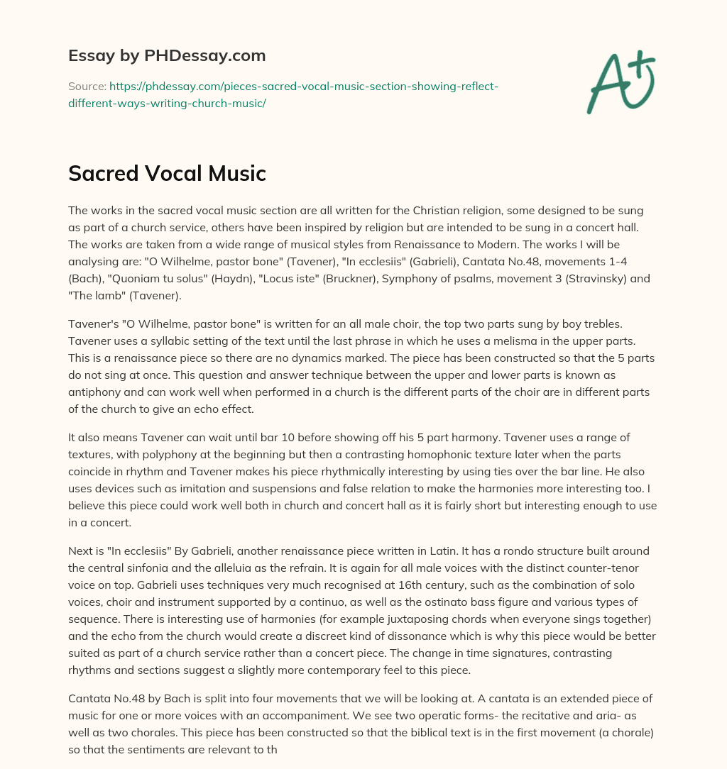 Sacred Vocal Music - PHDessay.com
