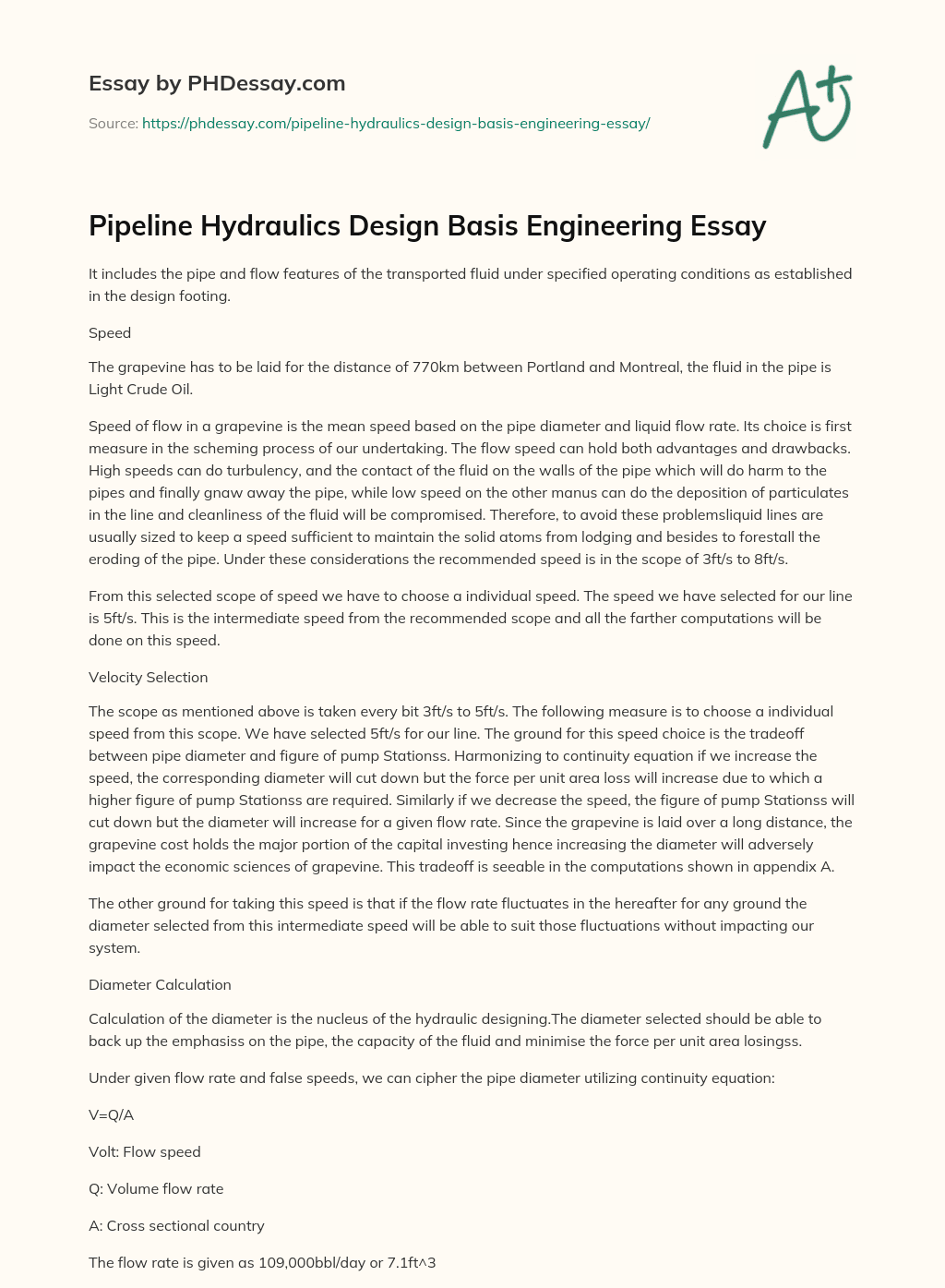 Pipeline Hydraulics Design Basis Engineering Essay - PHDessay.com