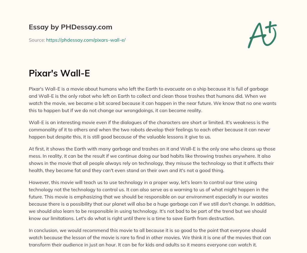Pixar's Wall-E (400 Words) - PHDessay.com