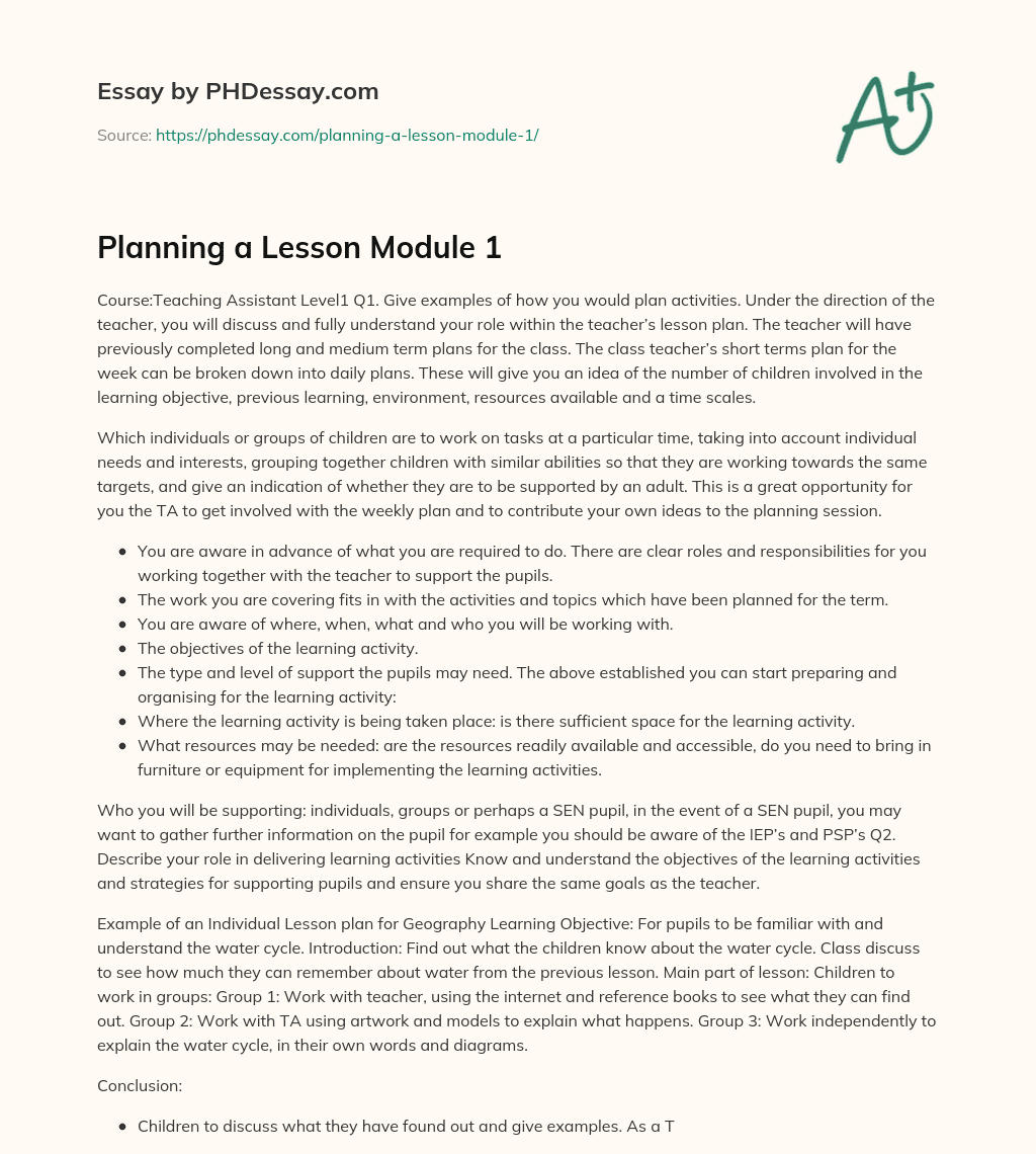 Planning a Lesson Module 1 - PHDessay.com