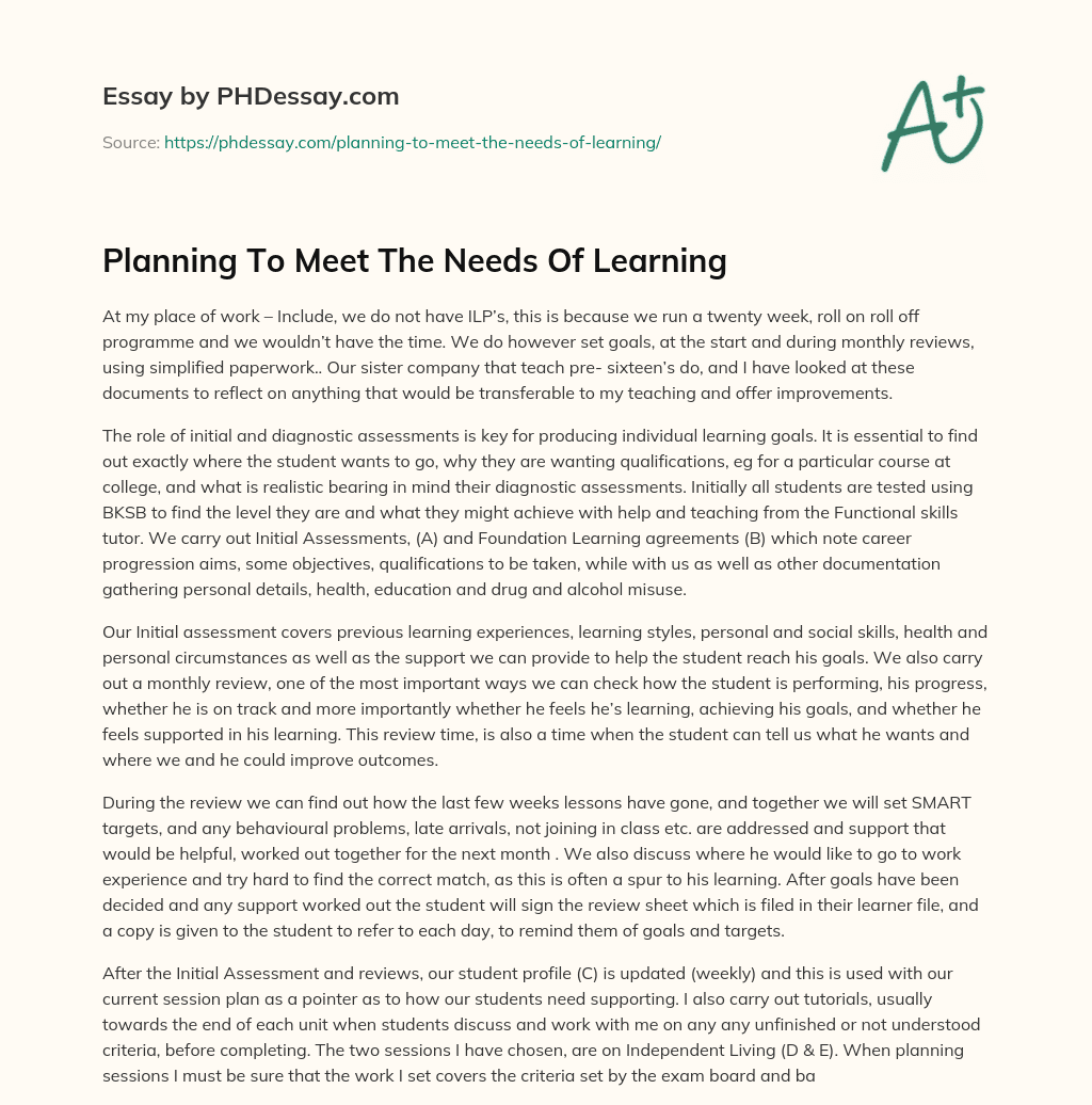 Planning To Meet The Needs Of Learning - PHDessay.com