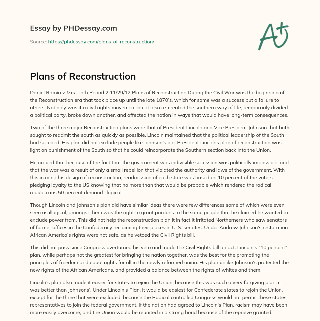 Plans of Reconstruction (500 Words) - PHDessay.com