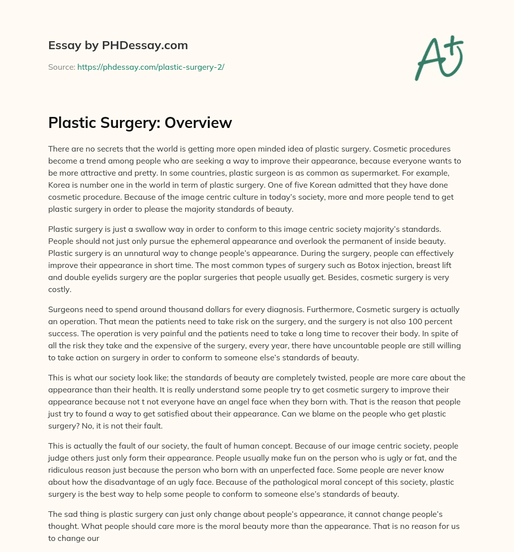 Plastic Surgery: Overview (500 Words) - PHDessay.com