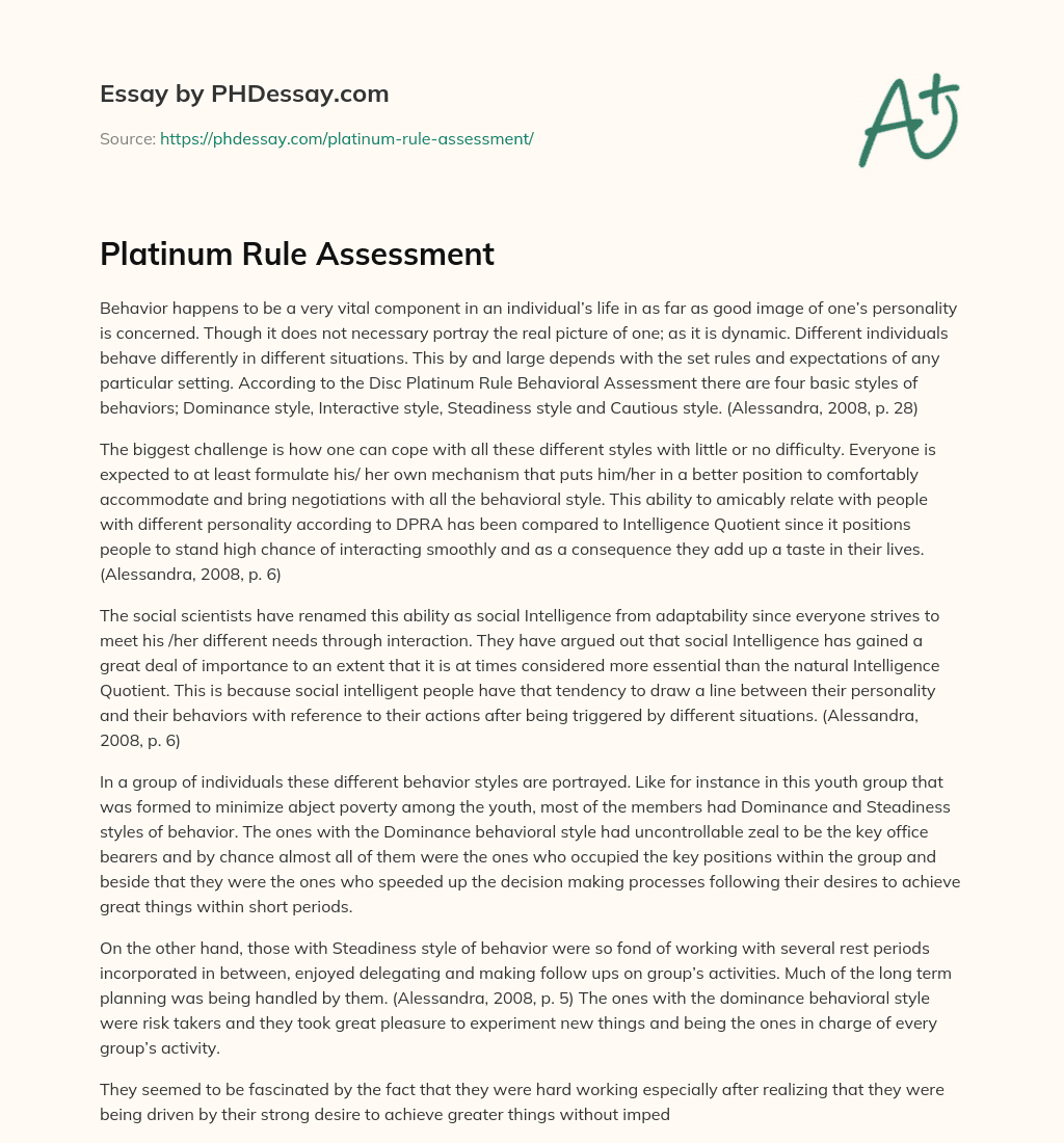 Platinum Rule Assessment Personal Example - PHDessay.com