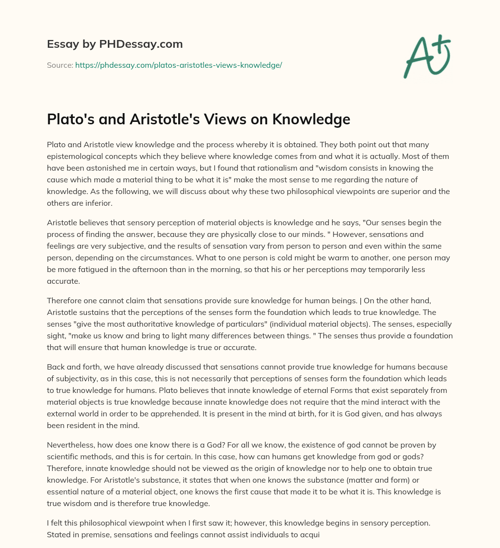 Plato's and Aristotle's Views on Knowledge - PHDessay.com