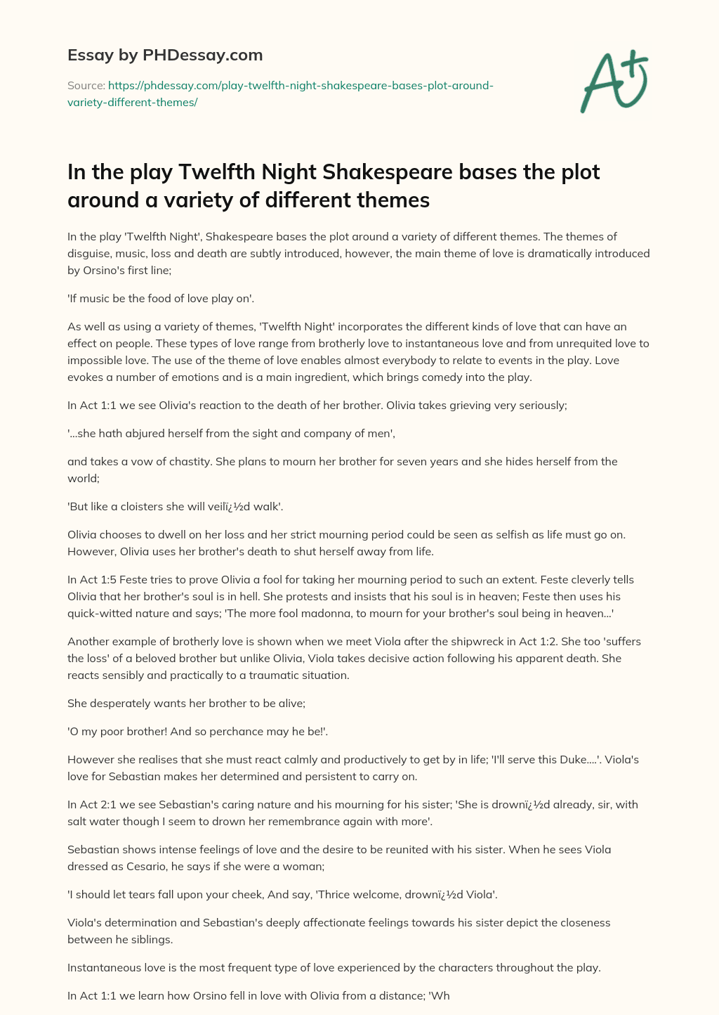 In the play Twelfth Night Shakespeare bases the plot around a variety ...