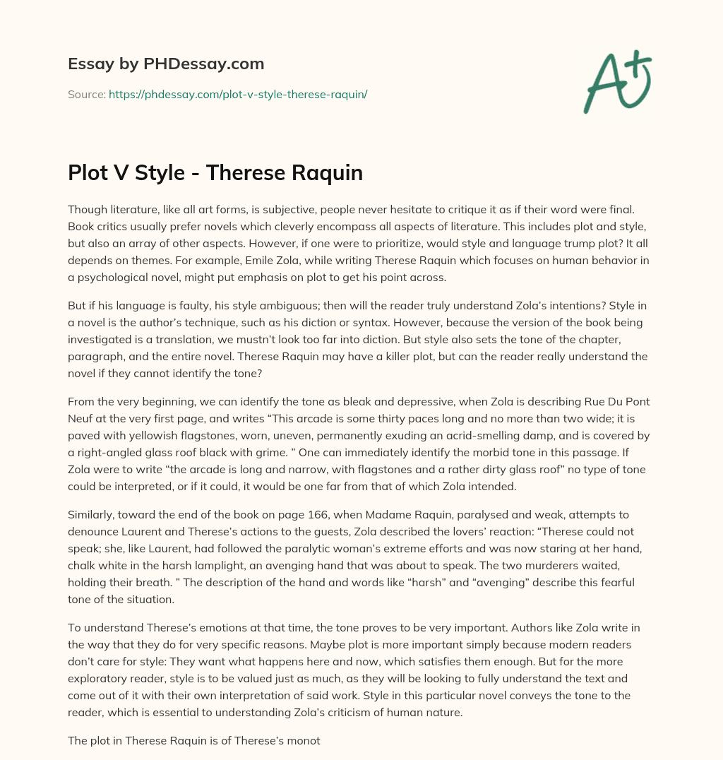 Plot V Style - Therese Raquin Summary Example - PHDessay.com