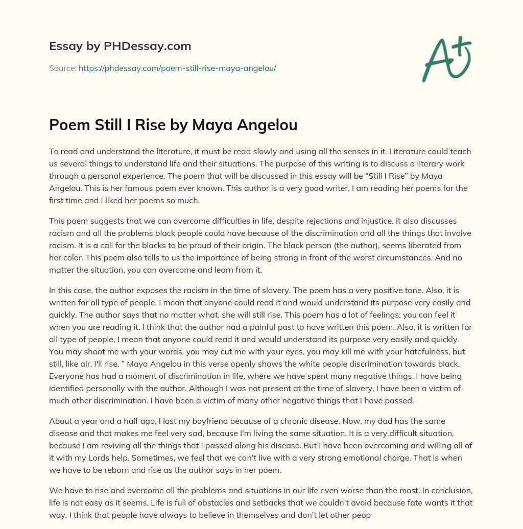 Poem Still I Rise By Maya Angelou Essay Example (600 Words) - PHDessay.com