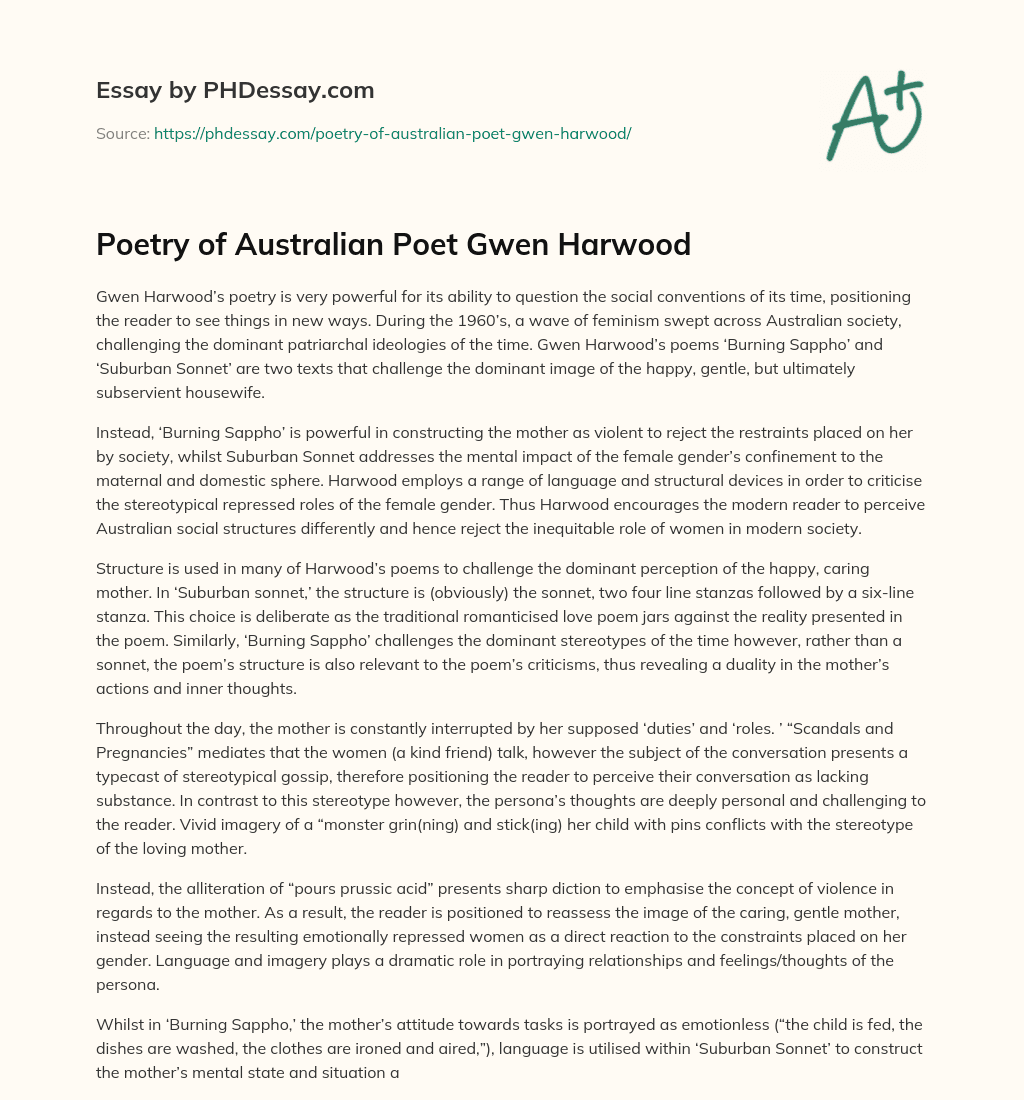 Poetry Of Australian Poet Gwen Harwood Analysis Example - PHDessay.com
