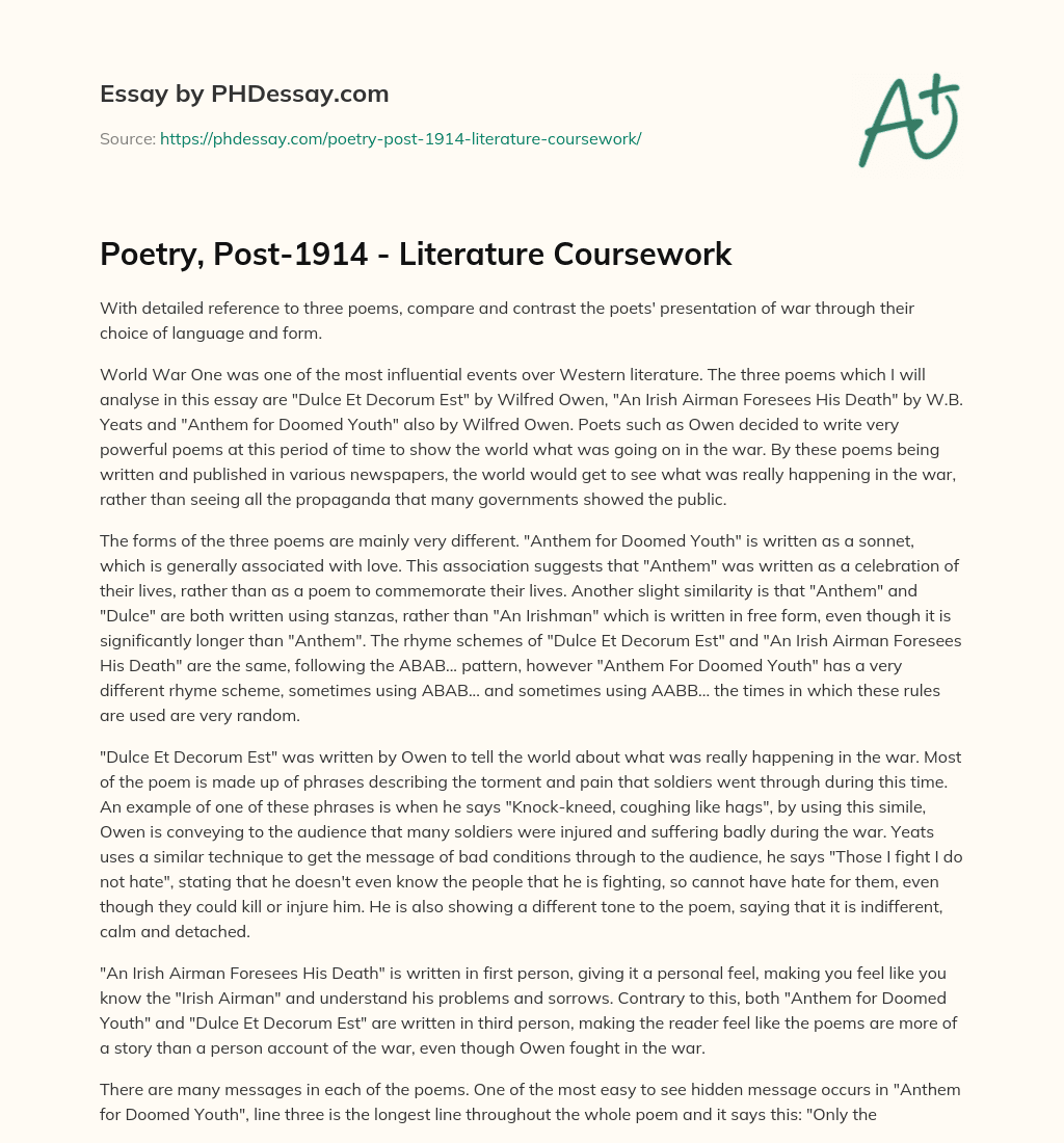 Poetry, Post-1914 - Literature Coursework - PHDessay.com