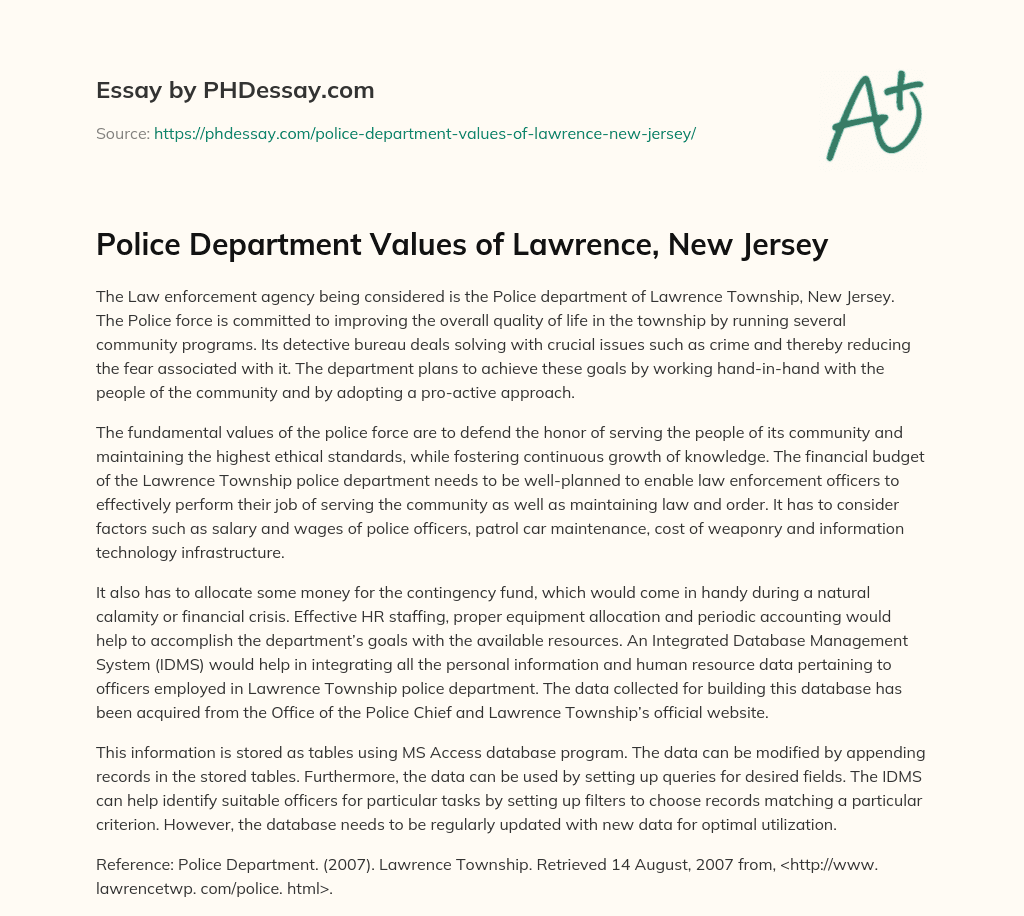 Police Department Values of Lawrence, New Jersey (300 Words) - PHDessay.com