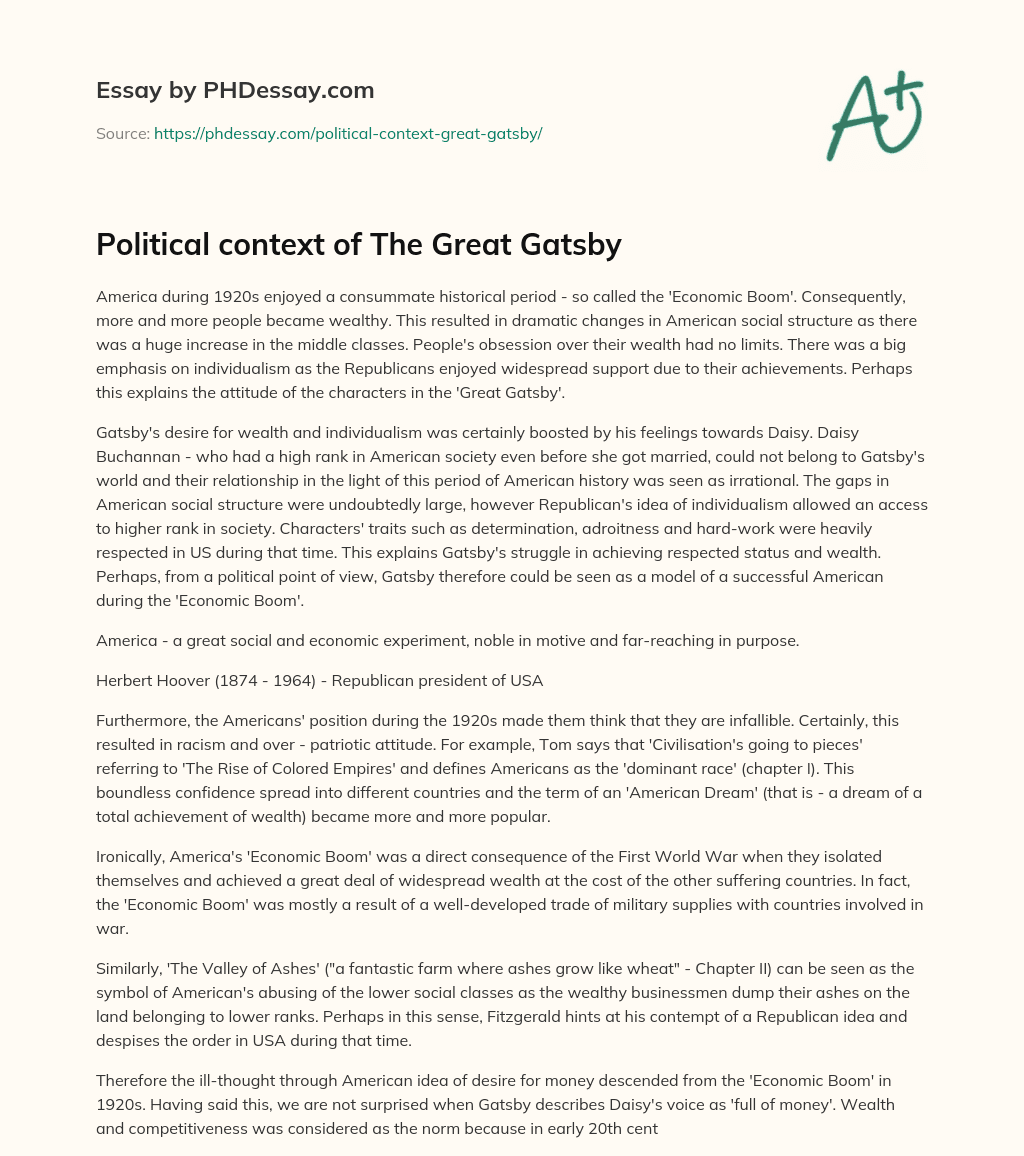 Political context of The Great Gatsby (500 Words) - PHDessay.com