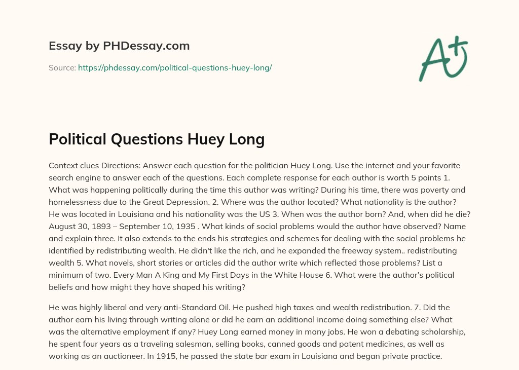 Political Questions Huey Long - PHDessay.com