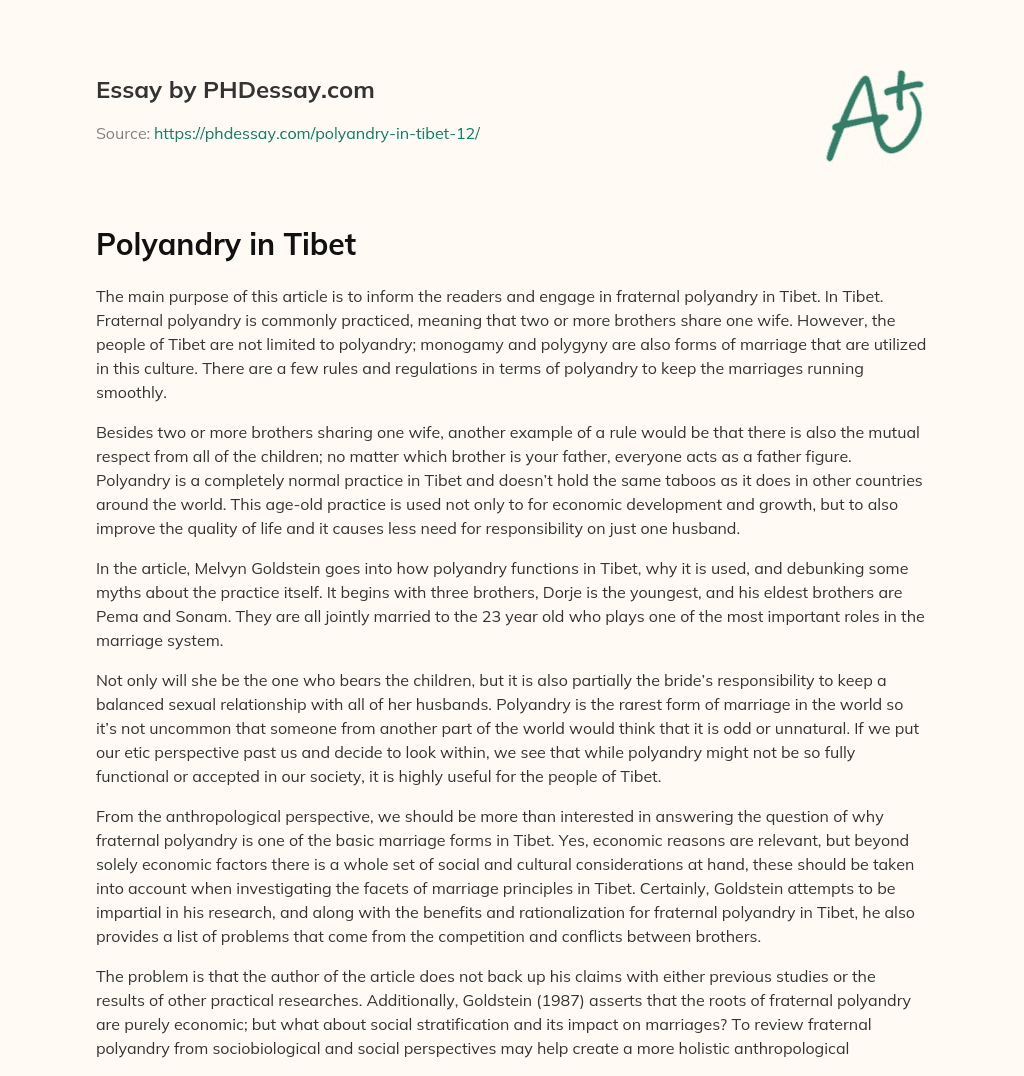 Polyandry in Tibet (500 Words) - PHDessay.com