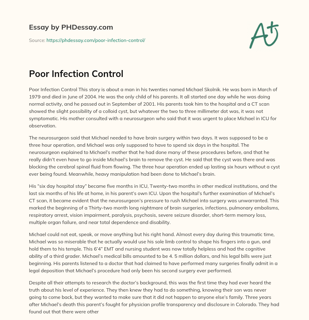 Poor Infection Control (600 Words) - PHDessay.com