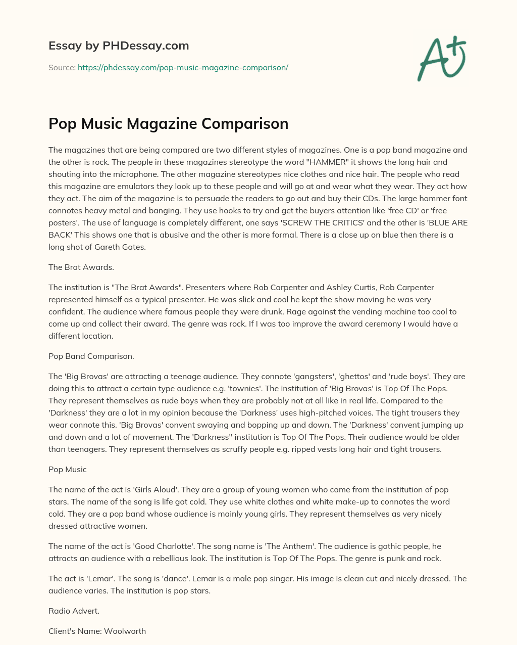 Pop Music Magazine Comparison - PHDessay.com