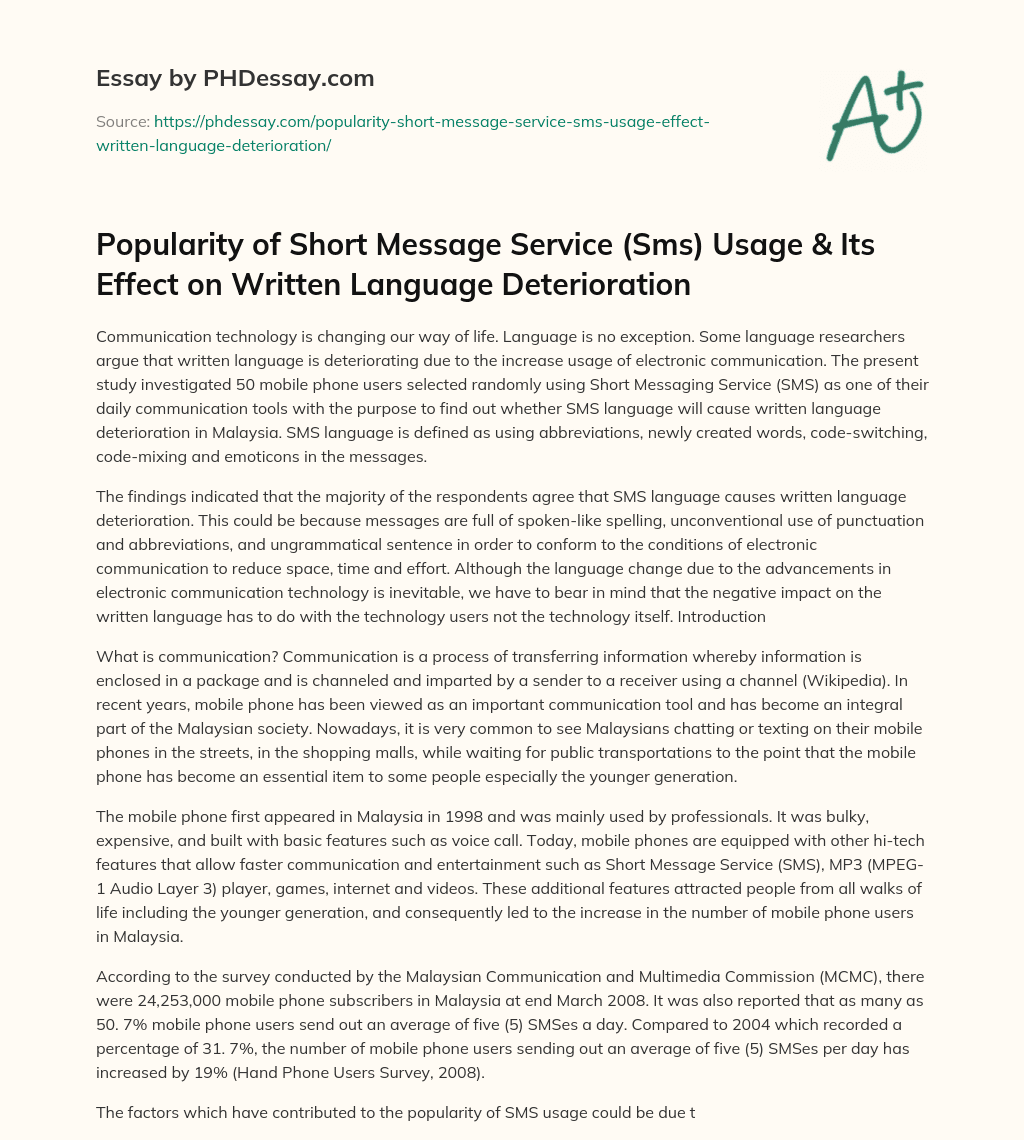 Popularity of Short Message Service (Sms) Usage & Its Effect on Written ...