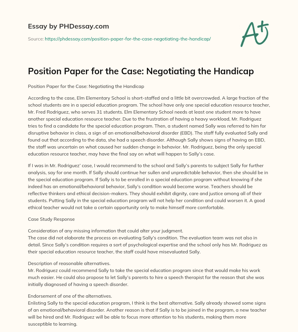 Position Paper for the Case: Negotiating the Handicap (500 Words ...