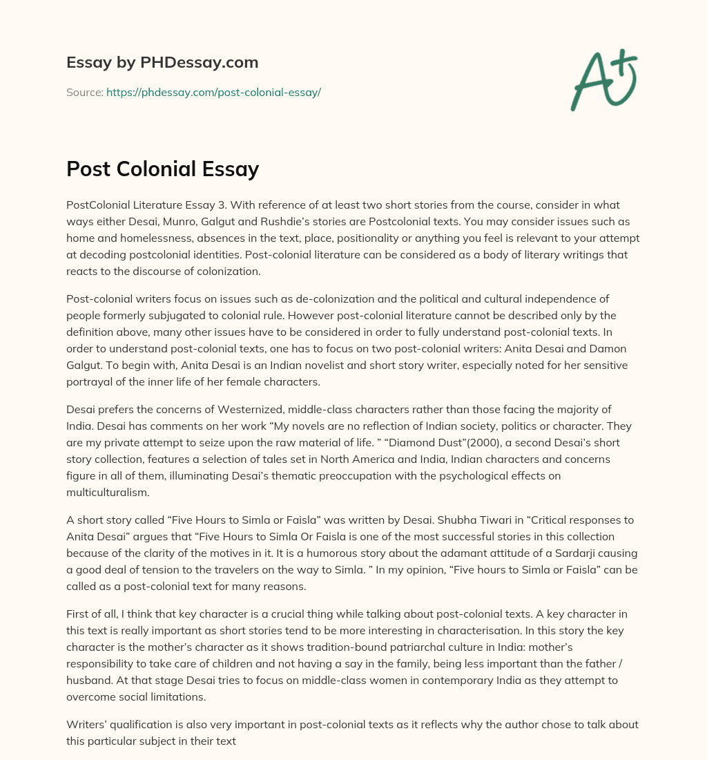 Post Colonial Essay Summary Example - PHDessay.com