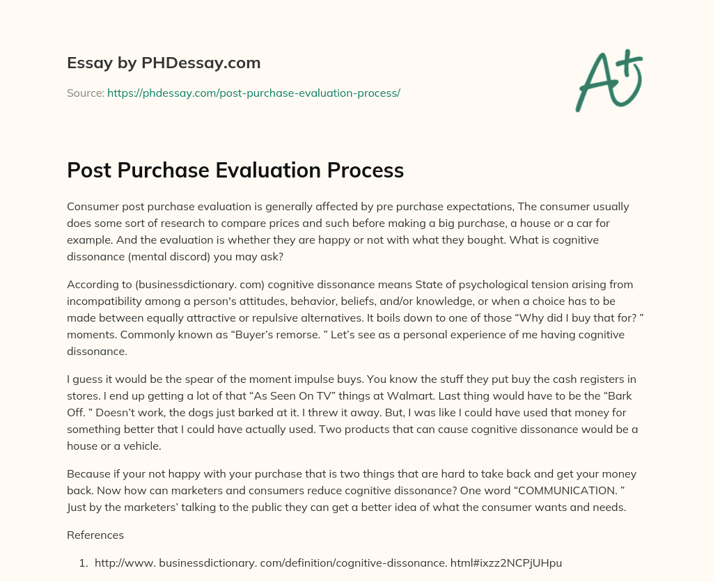 Post Purchase Evaluation Process - PHDessay.com