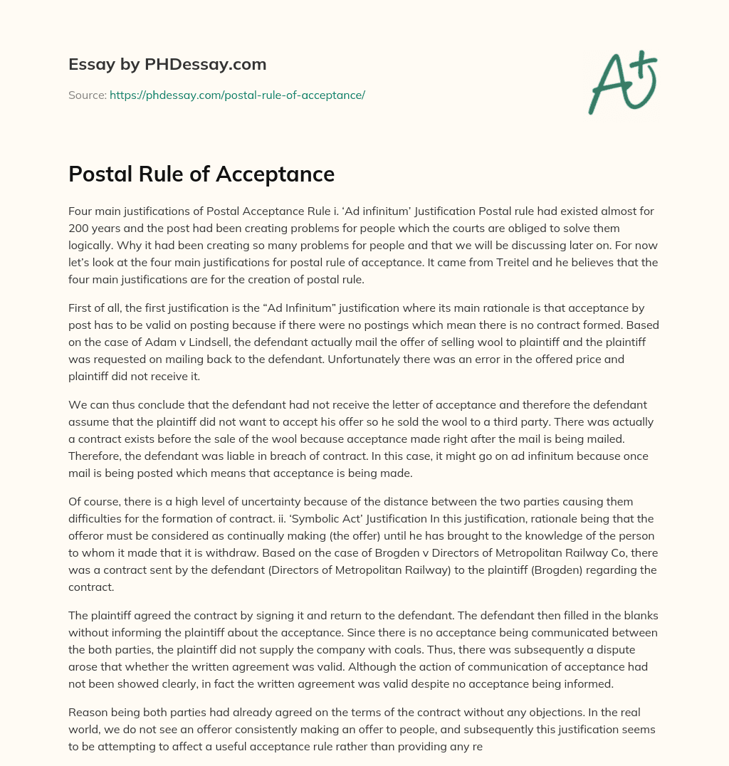 Postal Rule of Acceptance (500 Words) - PHDessay.com