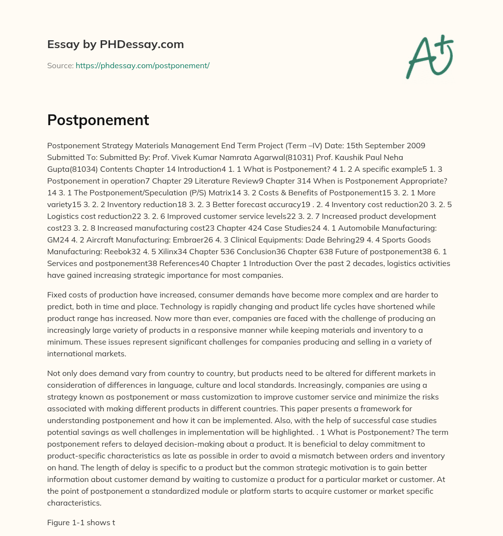 Postponement Personal Example - PHDessay.com