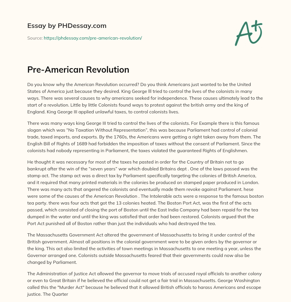 Pre-American Revolution - PHDessay.com