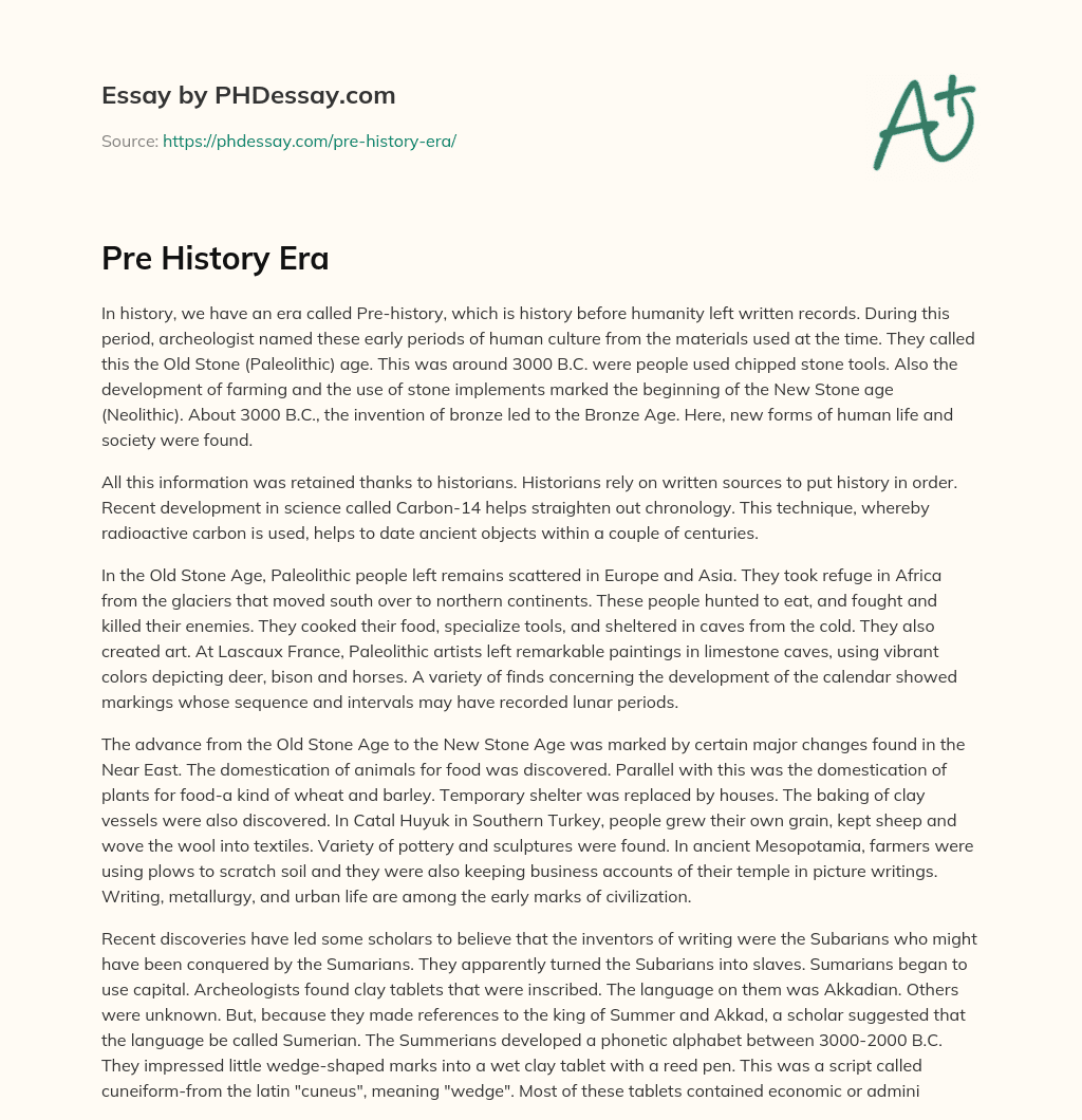 Pre History Era - PHDessay.com