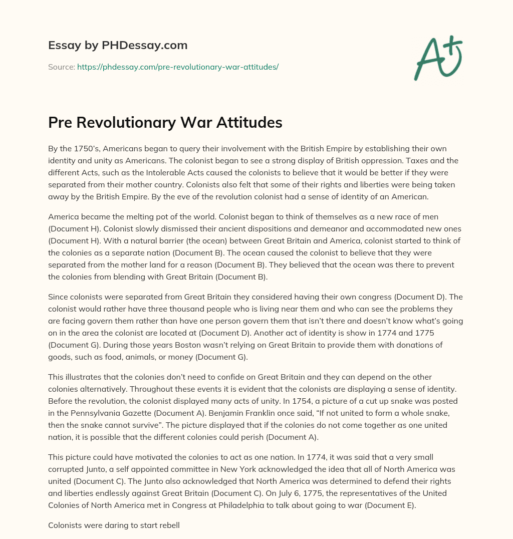 Pre Revolutionary War Attitudes - PHDessay.com