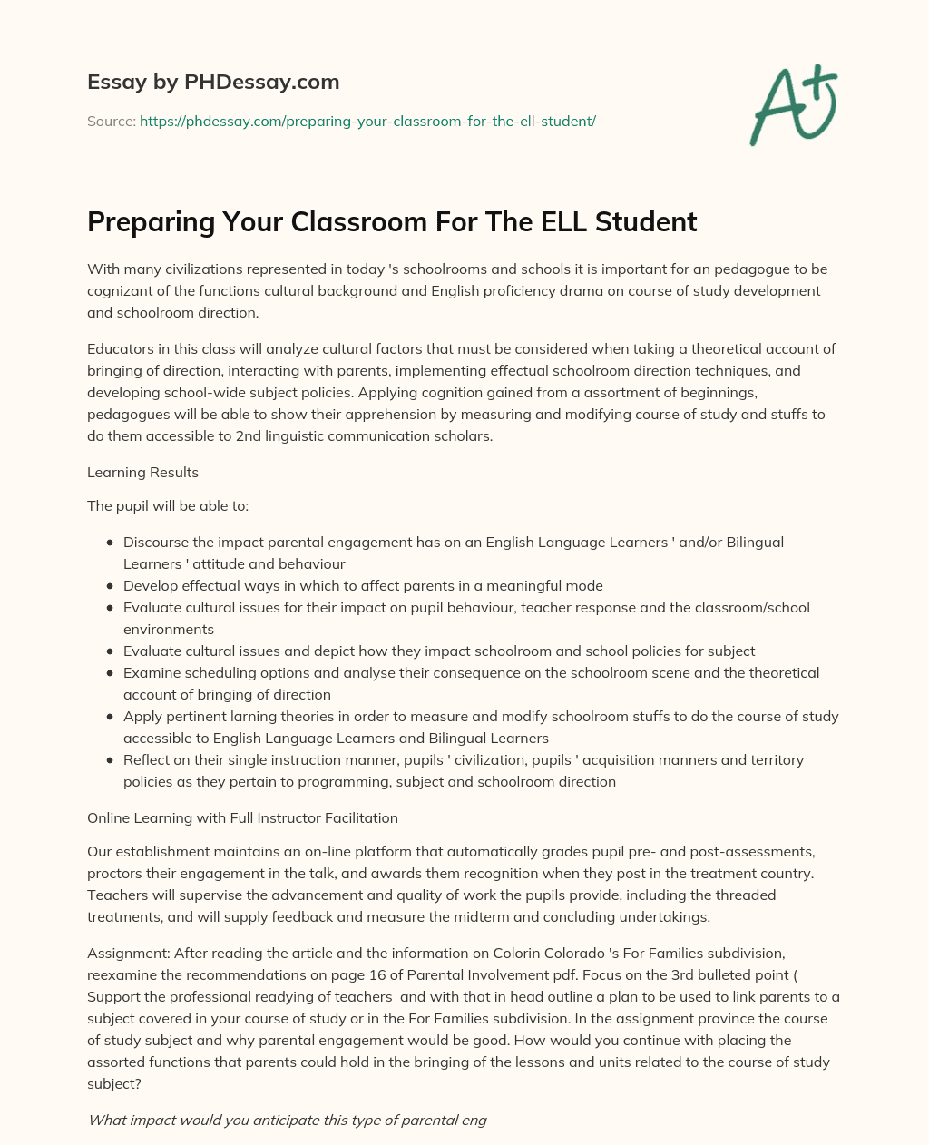 Preparing Your Classroom For The ELL Student - PHDessay.com