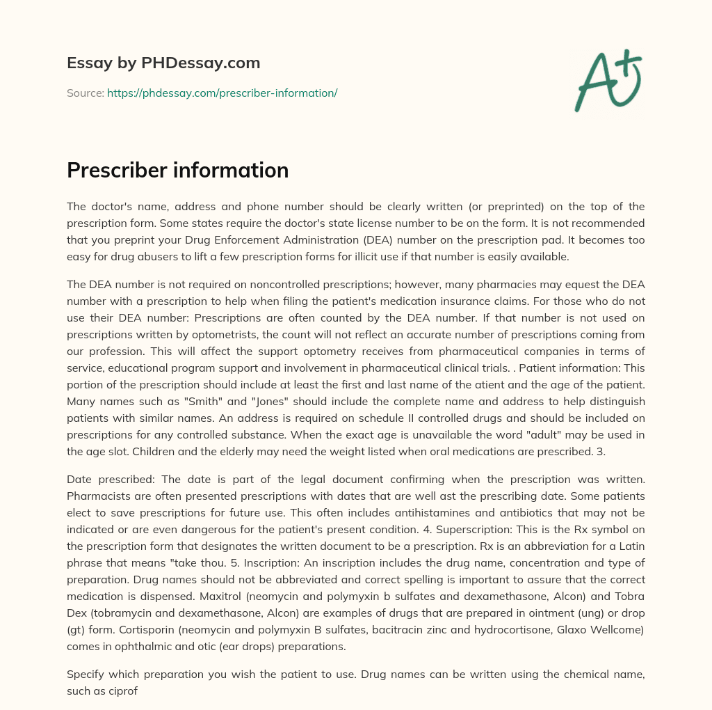 Prescriber information (600 Words) - PHDessay.com