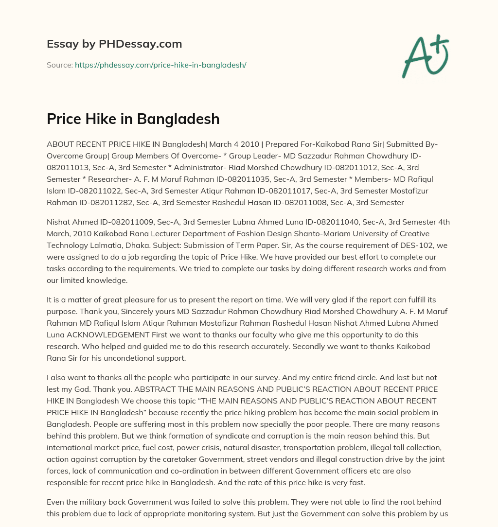 Price Hike in Bangladesh - PHDessay.com