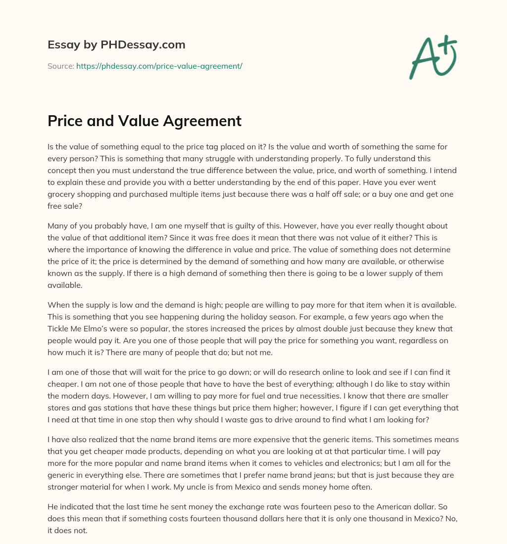 Price and Value Agreement - PHDessay.com