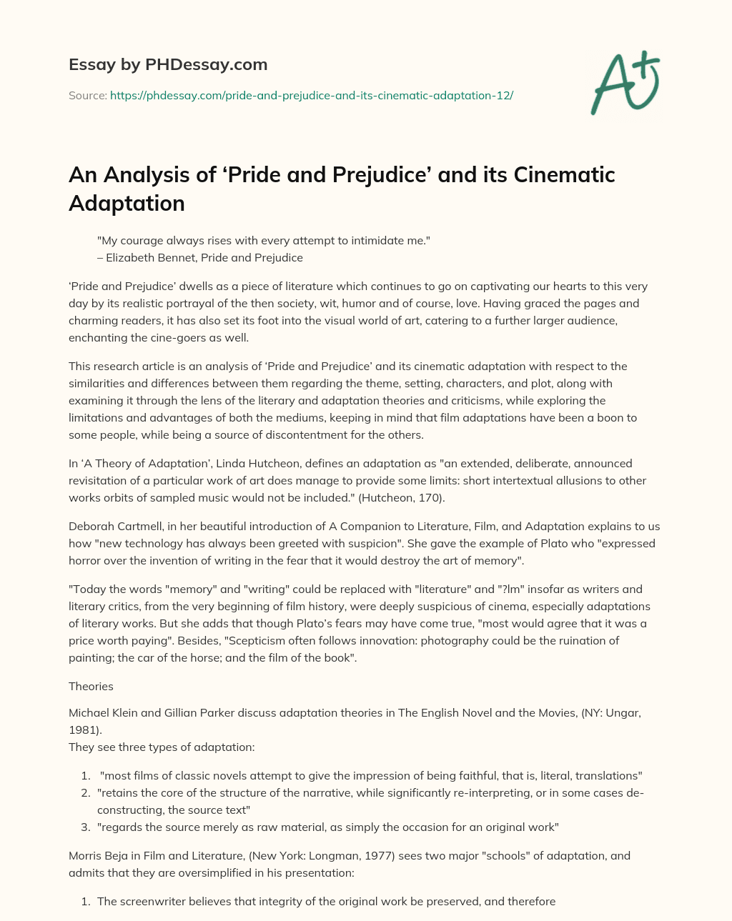 An Analysis of ‘Pride and Prejudice’ and its Cinematic Adaptation ...