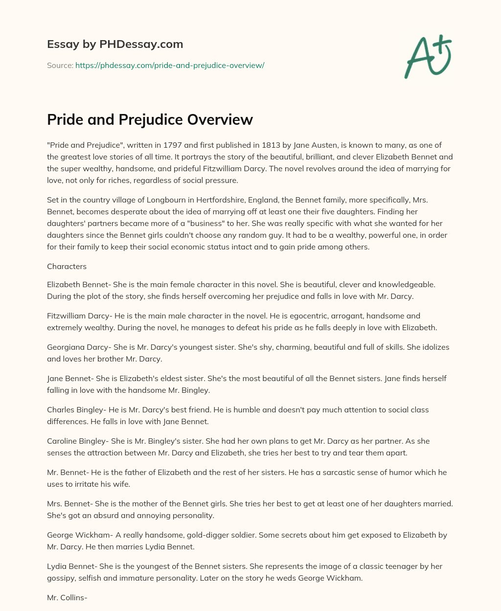 Pride and Prejudice Overview - PHDessay.com