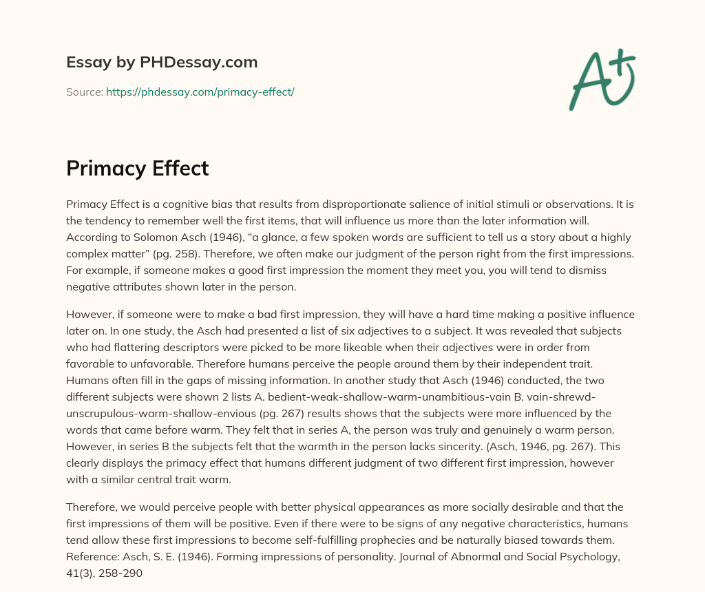Primacy Effect Definition Example (300 Words) - PHDessay.com