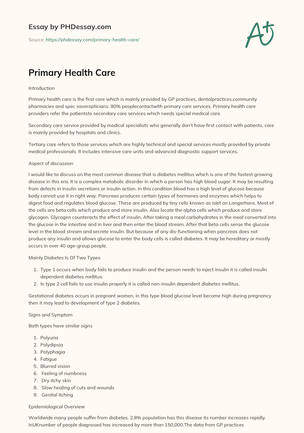 Primary Health Care - PHDessay.com