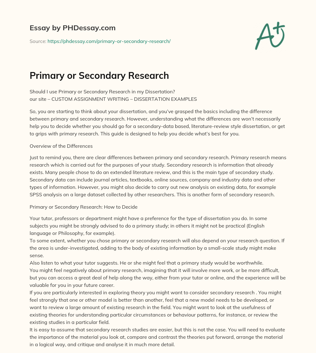 Primary or Secondary Research (600 Words) - PHDessay.com