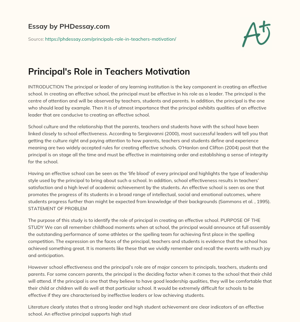 Principal'S Role In Teachers Motivation Essay Example - PHDessay.com