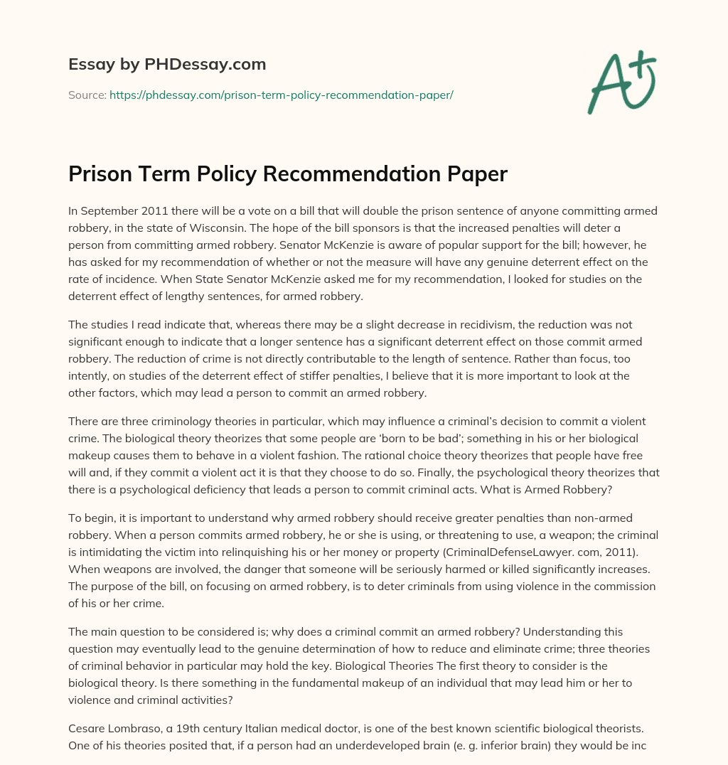 Prison Term Policy Recommendation Paper - PHDessay.com