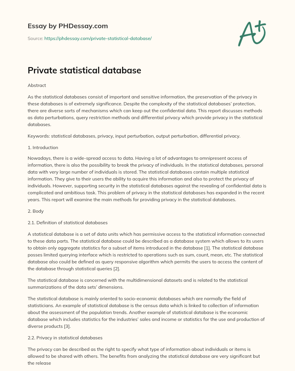 Private statistical database - PHDessay.com