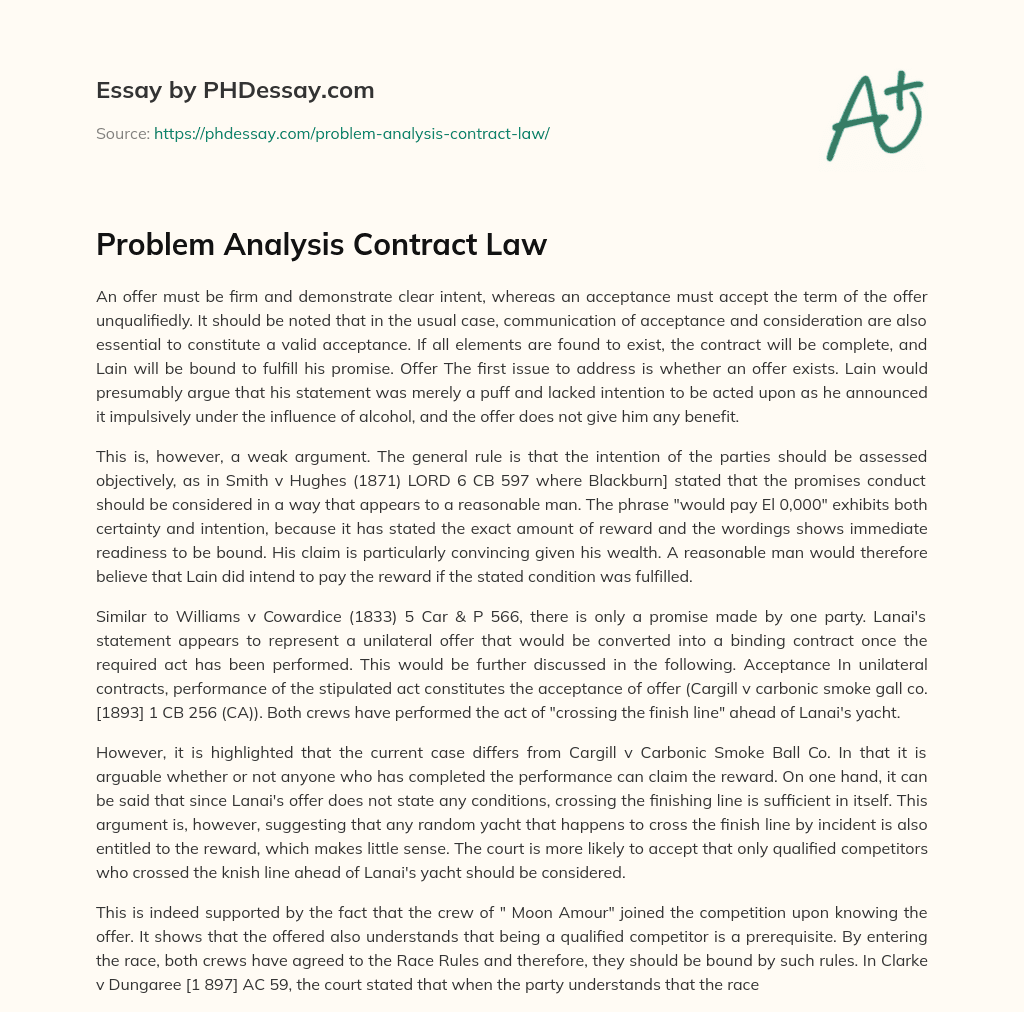 Problem Analysis Contract Law - PHDessay.com