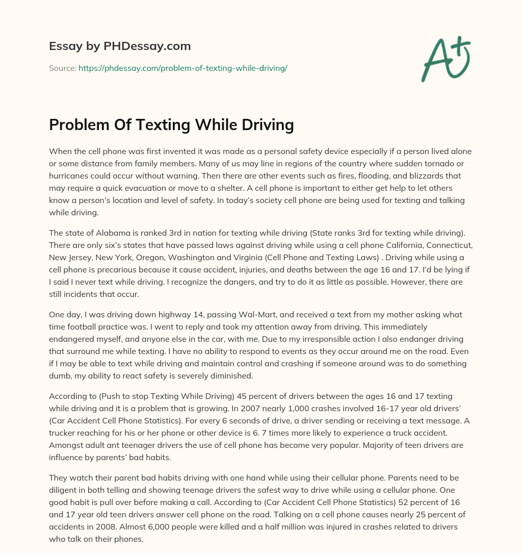 Problem Of Texting While Driving (600 Words) - PHDessay.com