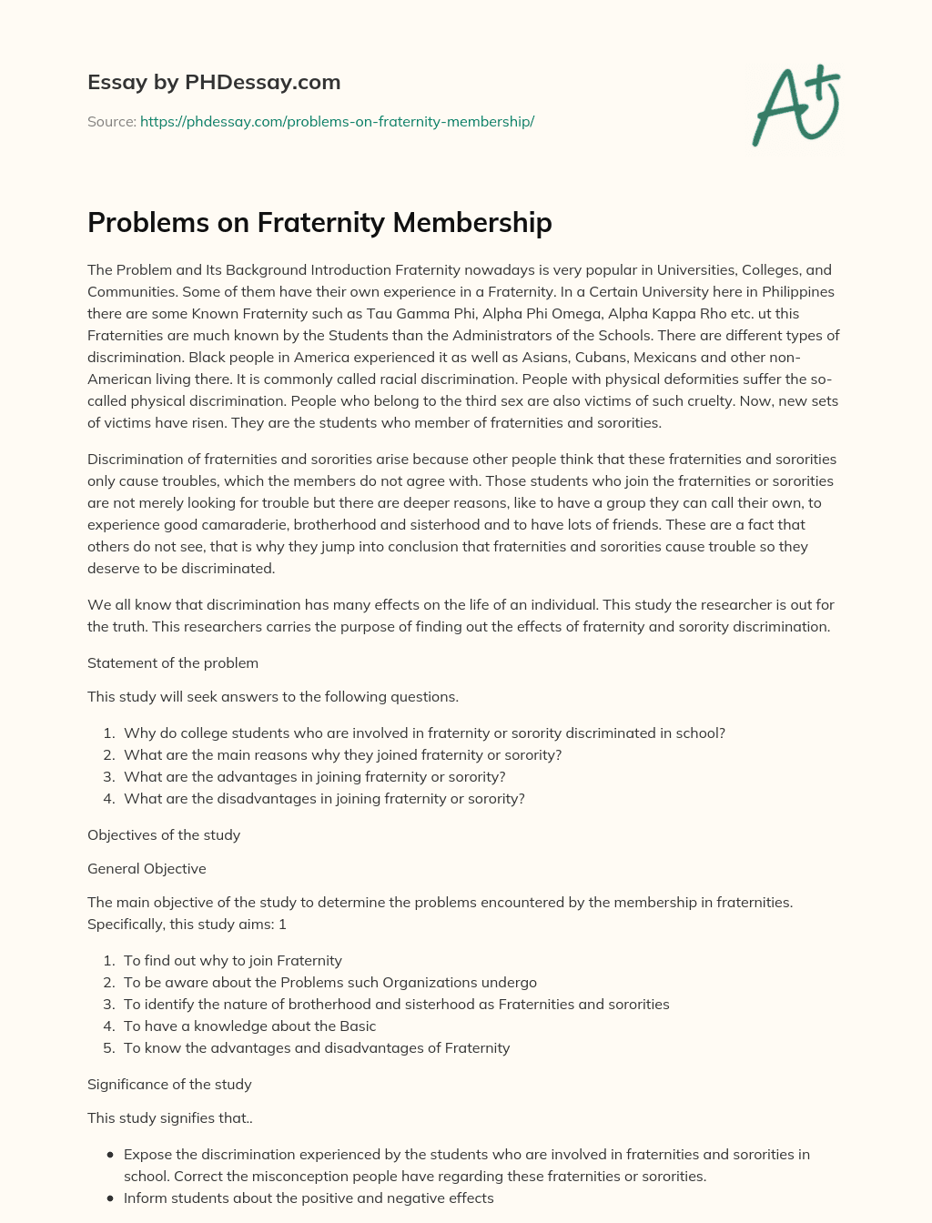 Problems On Fraternity Membership Thesis Example - PHDessay.com
