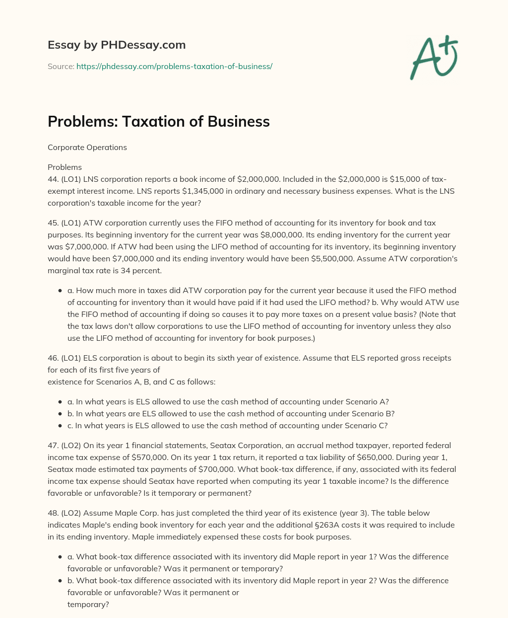 Problems: Taxation Of Business Report Example - PHDessay.com
