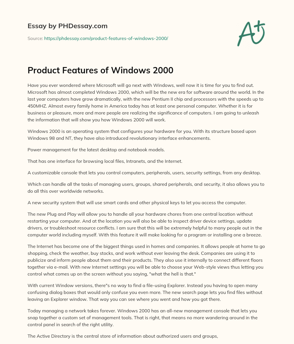 Product Features of Windows 2000 - PHDessay.com